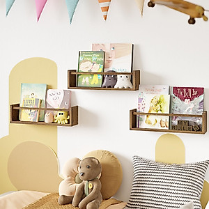 Fixwal Nursery Book Shelves, 16.5 Inch Floating Bookshelves for Wall Set of 3, Baby Nursery Decor, Solid Wood Wall Mounted Shelves for Books, Toys and Decor Storage (Brown)