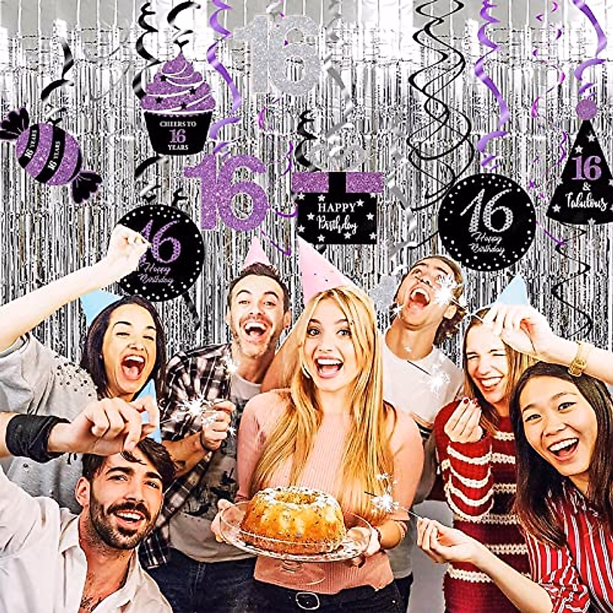 Sweet 16 Birthday Decorations Purple-Sweet 16 Purple Party 16th Birthday Banner 16th Birthday Party Supplies Purple Silver Black Foil Hanging Swirls for Girl 16th Birthday Party Decorations