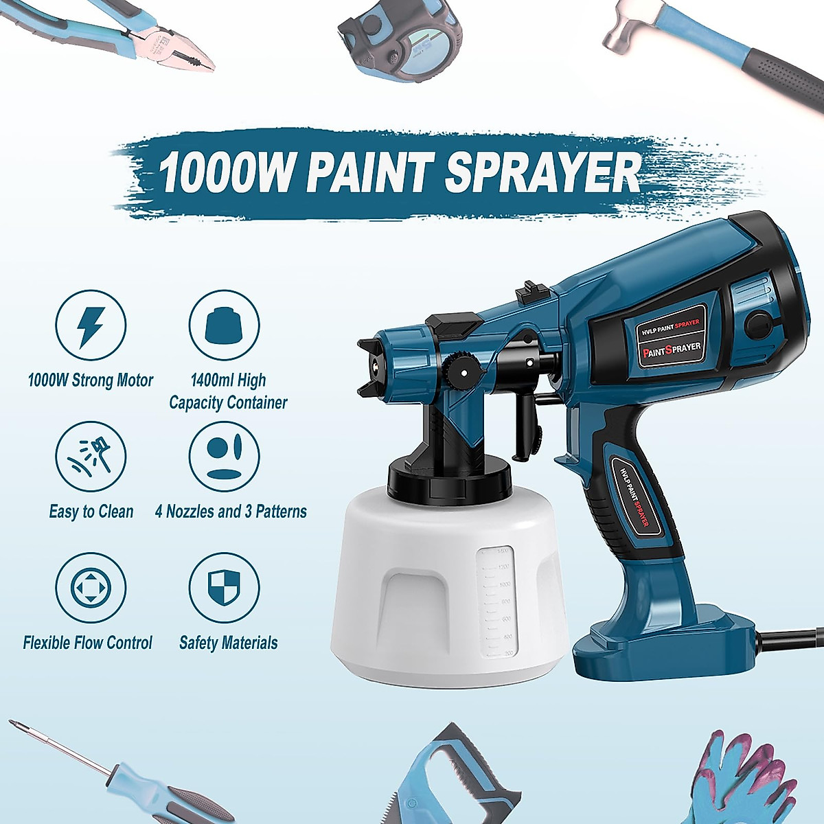 Paint Sprayer Tool 1000W High Power Electric Spray Paint Gun Easy to Clean Paint Sprayers for Home Furniture Cabinets Decks Walls Door Paint Tools Blue