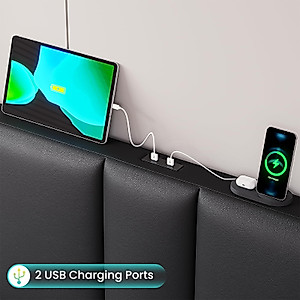 MSmask Queen Platform Bed Frame, Floating Bed with LED Lights, Faux Leather Upholstered Headboard, 2 USB Ports, Under-Bed Storage, No Box Spring Needed, Black