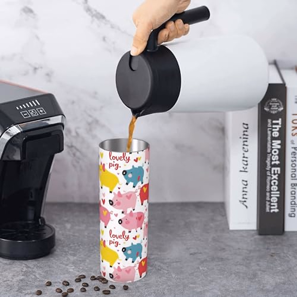 Tangopi Pink Pigs Heart 20 oz Tumbler with Lid and Straw Insulated Travel Coffee Mug Reusable Spill Proof Coffee Cups Stainless Steel Water Bottle for Hot and Cold Drinks