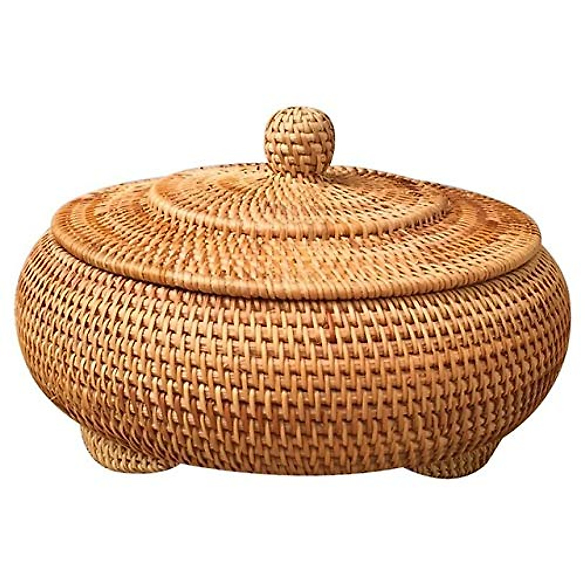 Round Rattan Boxes with Lid Hand-Woven Multi-Purpose Wicker Tray 8.6Inch Picnic Food Bread Table Storage Basket (22x13cm)