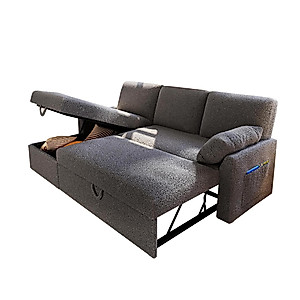 PaPaJet Sofa Bed, Sleeper Sofa with Storage Chaise, L Shaped Sofa with Pull Out Bed, Oversized Sofas for Living Room-Dark Grey Boucle
