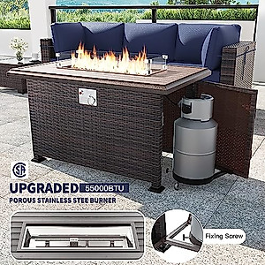 Kullavik 10 Pieces Outdoor Patio Furniture Set with 43" Gas Propane Fire Pit Table PE Wicker Rattan Sectional Sofa Patio Conversation Sets,Navy Blue