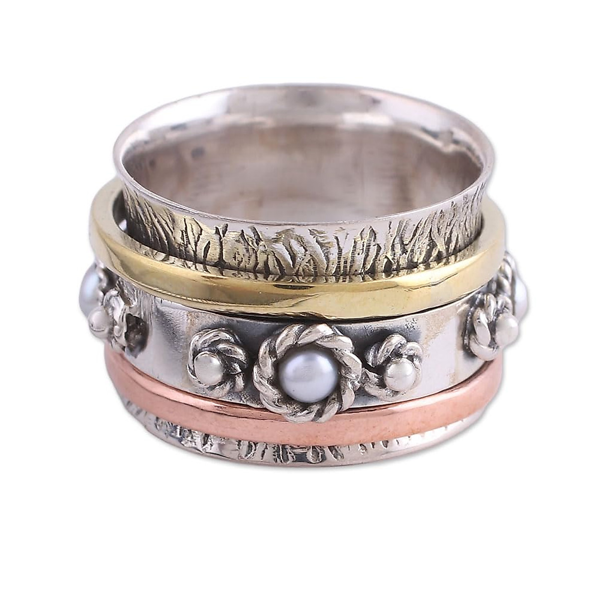 NOVICA Artisan Handcrafted Cultured Pearl Meditation Spinner Ring Sterling Silver with Brass Copper Freshwater Metallic Tone White Band India Birthstone [band Width 13 mm W] ' Spinning Blossom'