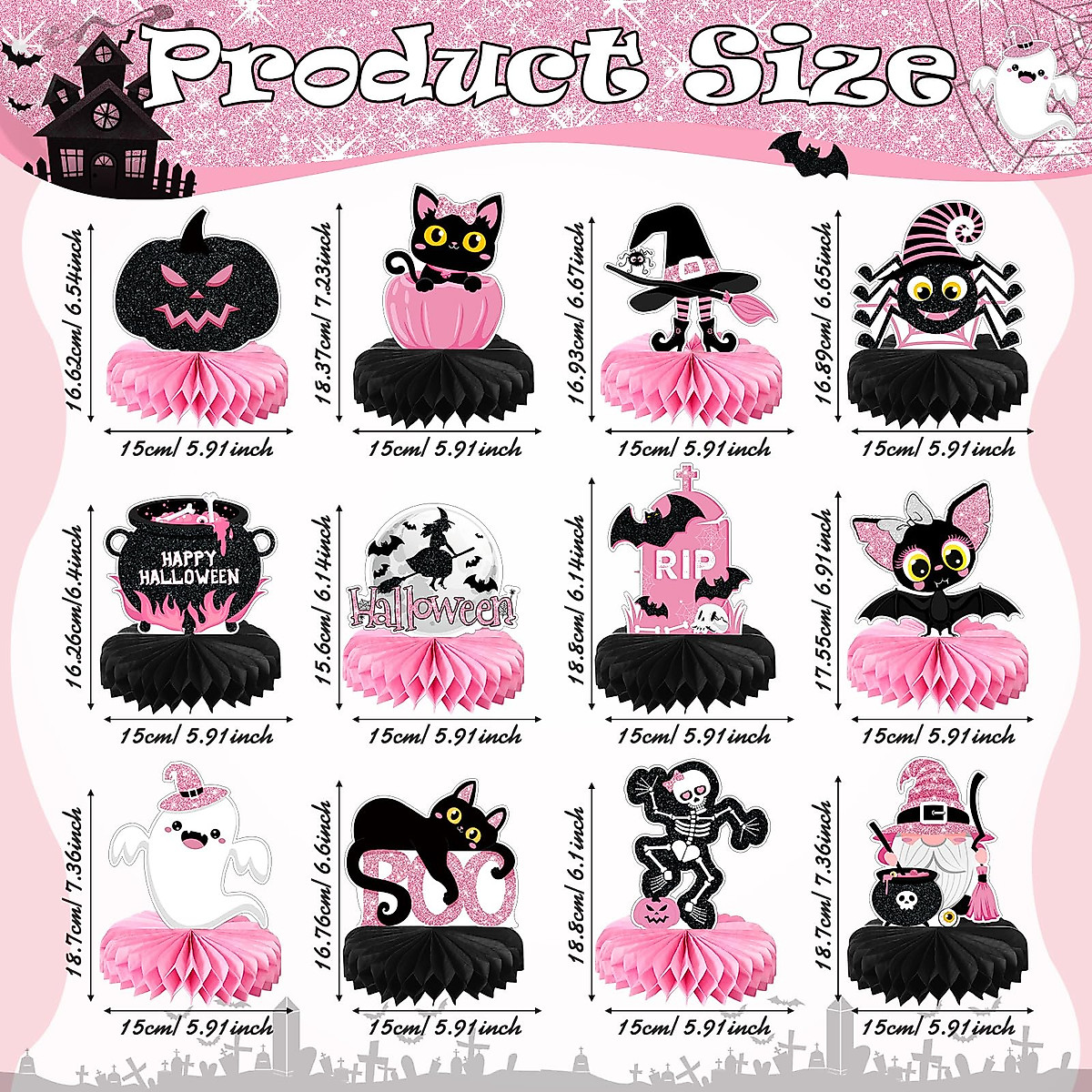 Containlol 12 Pcs Pink Halloween Baby Shower Decorations Halloween Honeycomb Centerpieces Pink Black Halloween Table Decor Halloween Birthday Table Toppers for Baby Shower Girls Party Table Decor