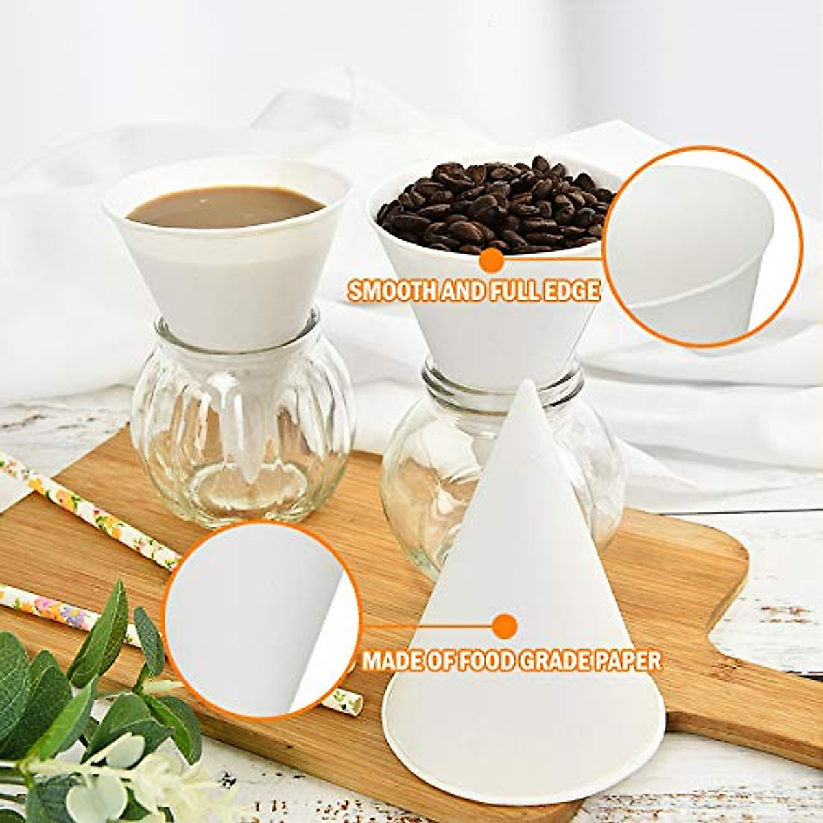 AQUEENLY 100 Snow Cone Cups, Wax Coated Leakproof Cone Paper Cups for Slush, Shaved Ice, Water - 6OZ, White