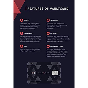 VAULTCARD - RFID Blocking & Jamming Credit & Debit Card Protection for your wallet and passport/NFC Jamming card, protects several cards at the same time