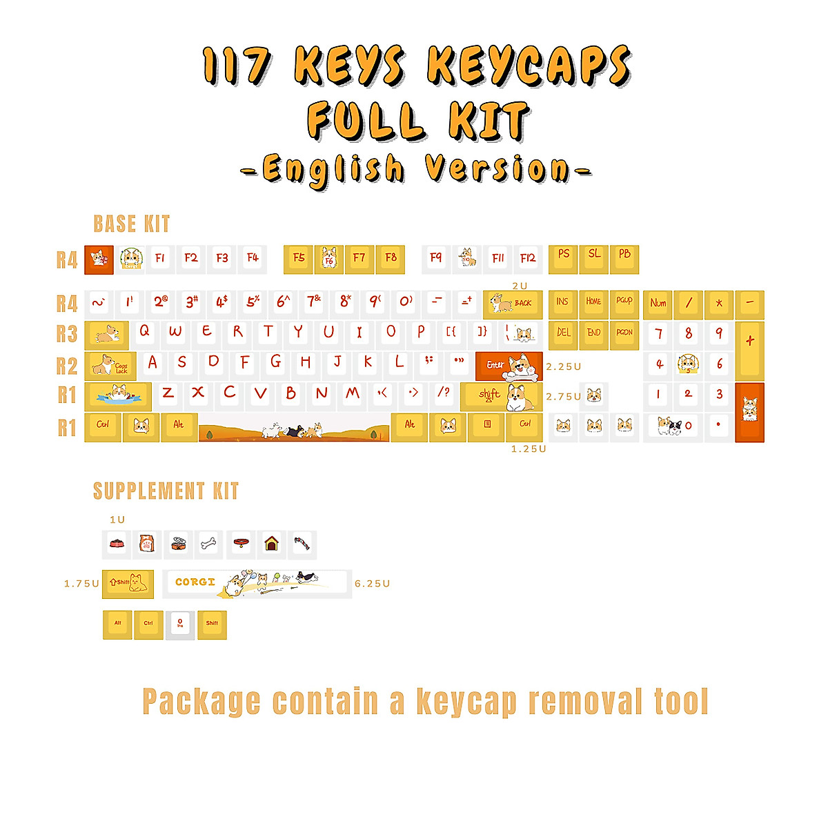 Corgi Dog Keycaps for Cherry MX Switches Cute Pets Mechanical Gaming Keyboard, PBT Key Caps Set（English Version）