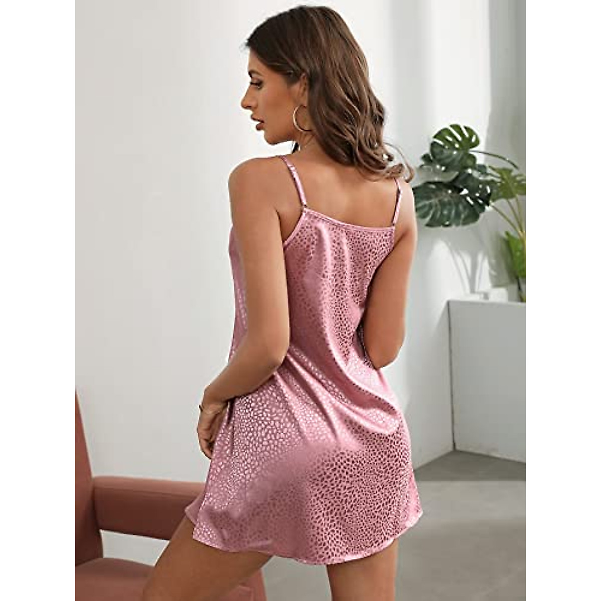 Verdusa Women's Casual Satin Sleepwear Lingerie Sleeveless Spaghetti Strap Jacquard Satin Night Cami Dress Dusty Pink S