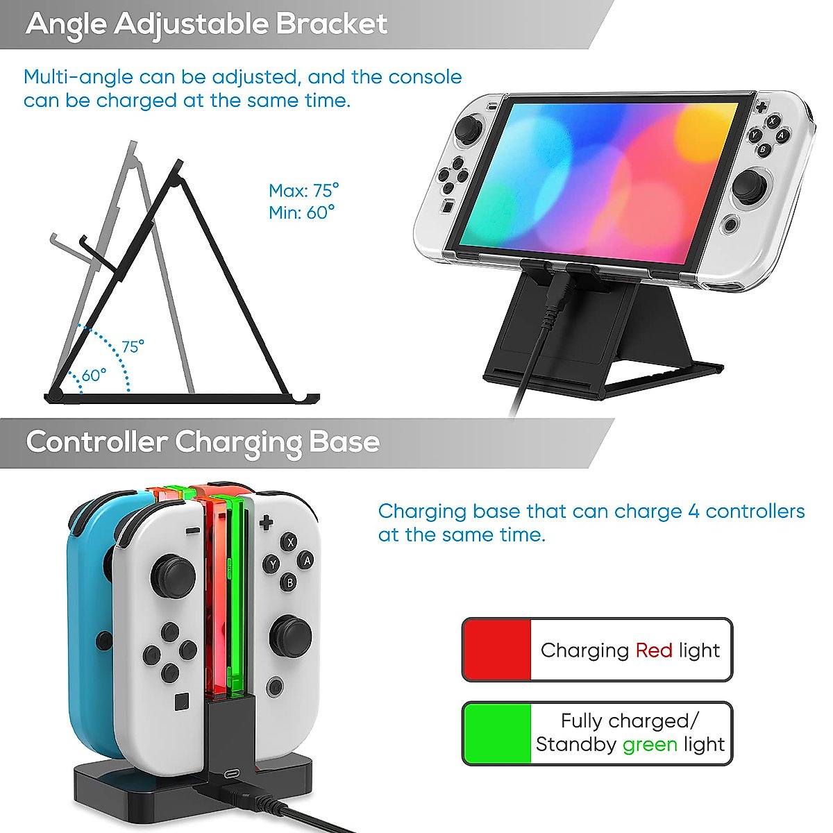 All in 1 Accessories Kits for Switch OLED 2021 Model：Case & Screen Protector, Hand Grips & Racing Wheels for Joy con, Controller Charger Dock, Carrying Case & More -White
