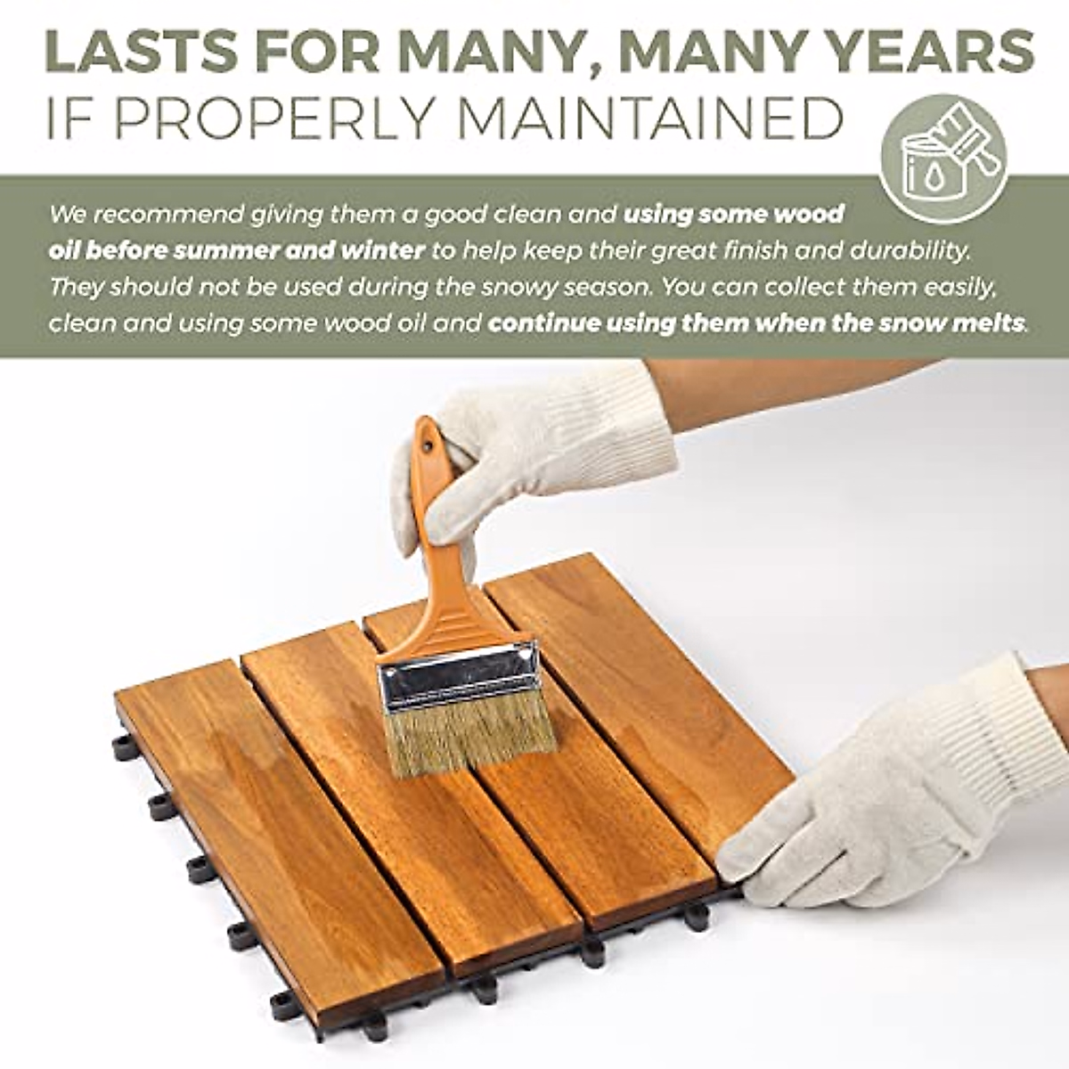 Interlocking Acacia Hardwood Deck Tile (Pack of 10, 12"x12") - Patio Tile With Solid Wooden Oiled Finish, Waterproof All Weather (12x12x0.85 Inch, 4 Slat on Each)