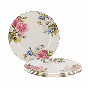 Gracie Bone China 7-1/2-Inch Ribbed Dessert Plate, Pink Grace's Rose, Set of 4. Gold Trimmed