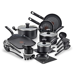 T-fal Initiatives Nonstick Cookware Set 20 Piece Oven Safe 350F Pots and Pans, Dishwasher Safe Black