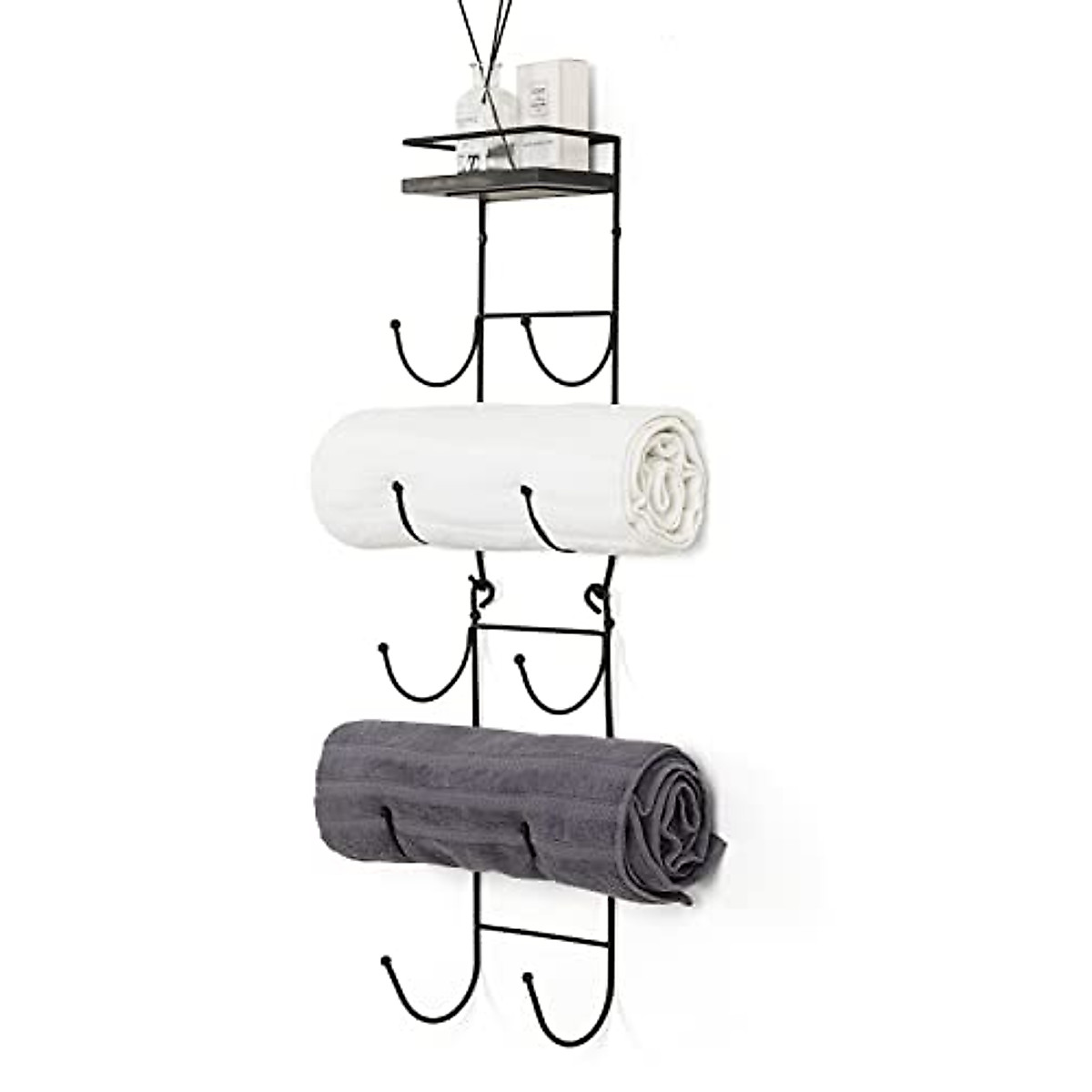 SODUKU Towel Rack Multifunctional Wall Mount Towel Wine Rack with Top Shelf Metal Towel Racks Storage Organizer Holder for Bathroom Bath Kitchen Black