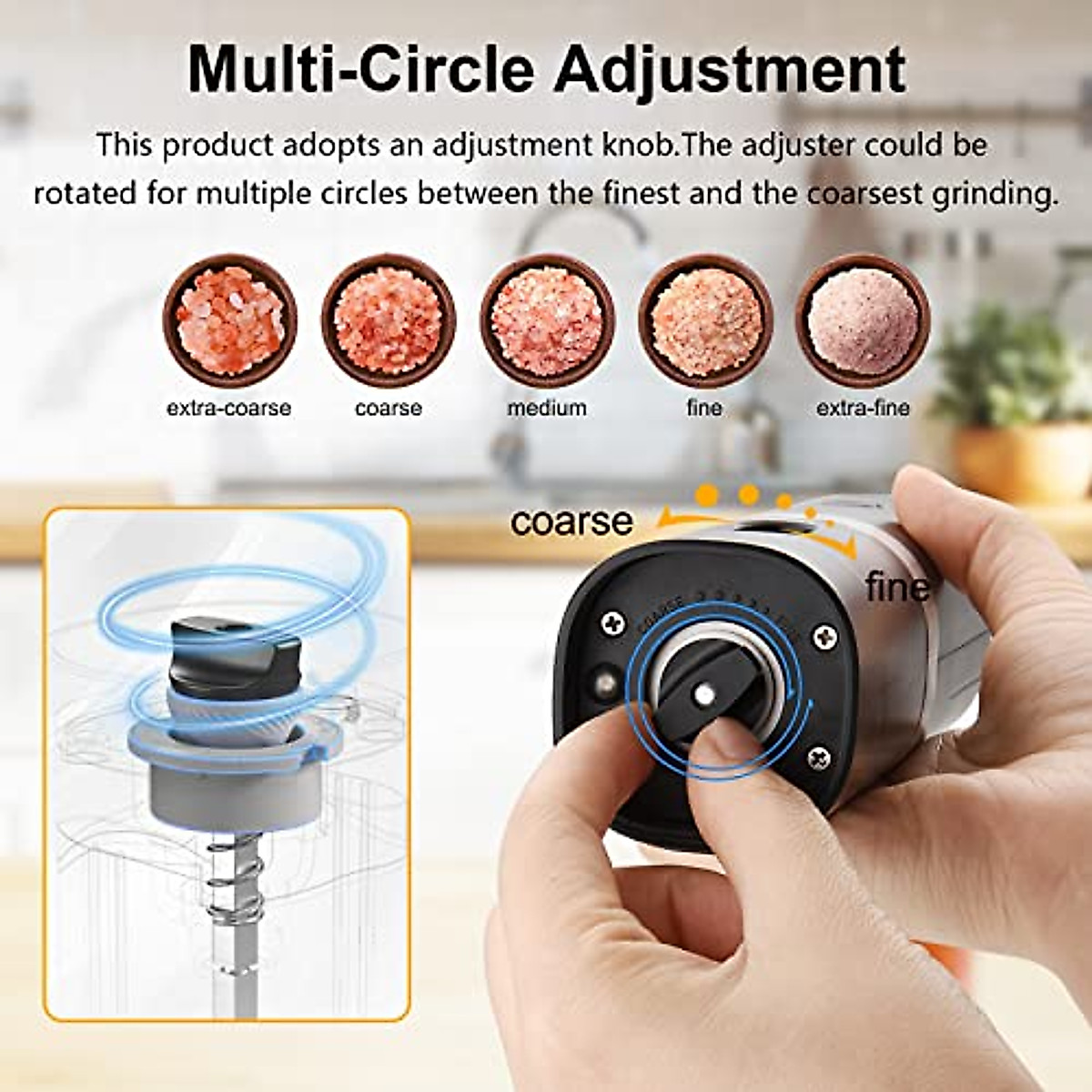 HOORMEEY Salt and Pepper Grinder Adjustable Coarseness, Battery Powered Operated Electric Pepper Grinder with Light, Pepper Mill with One Hand Operation