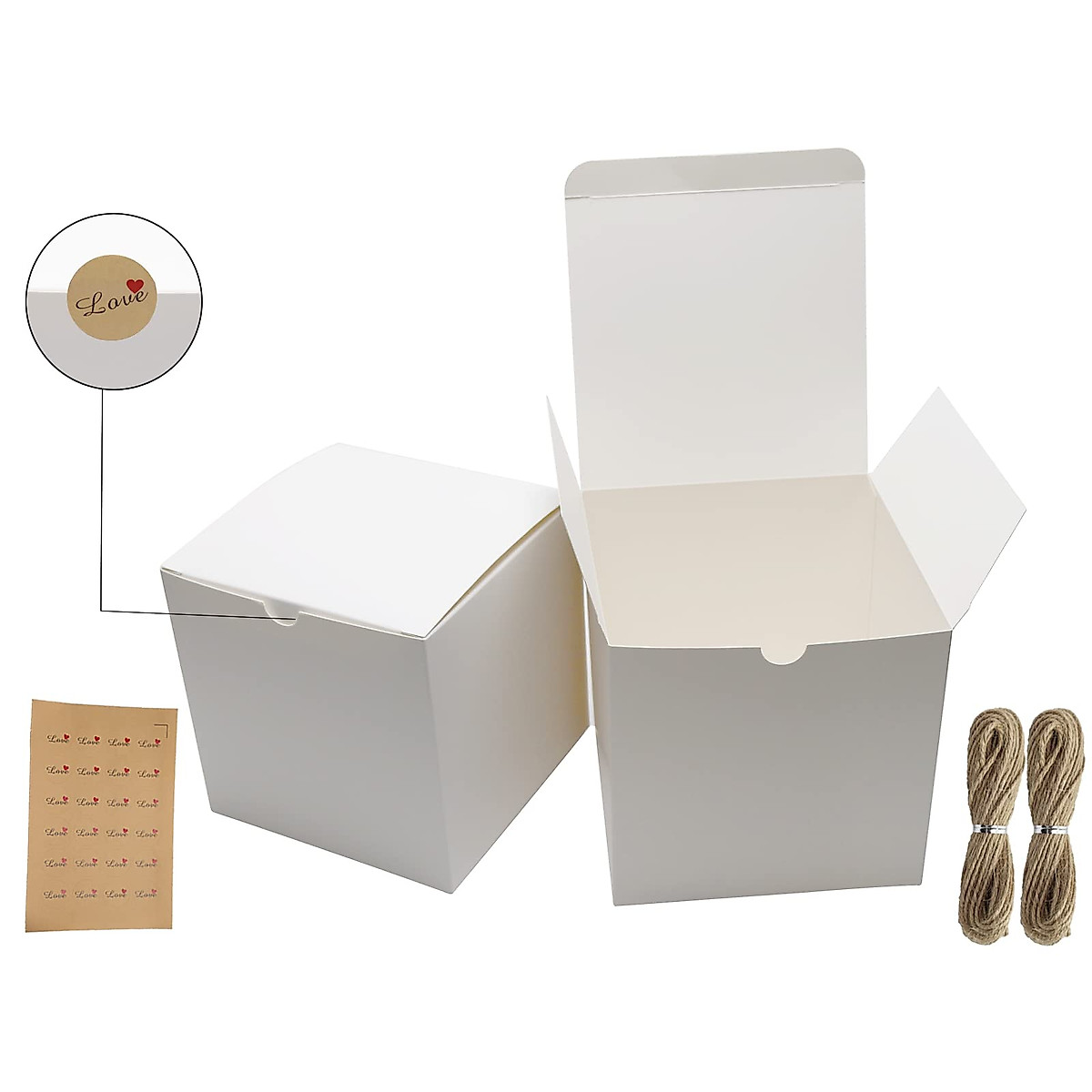 PQZKLDP 15 Packs 6x6x6 inches Fold Box Easy Assemble Small Paper Gift Box Decorative Party Favor Kraft Box with Lid for Birthday, Wedding, Anniversary, Party , with Stickers ,66 FT Twine (6*6*6 Inch, White)