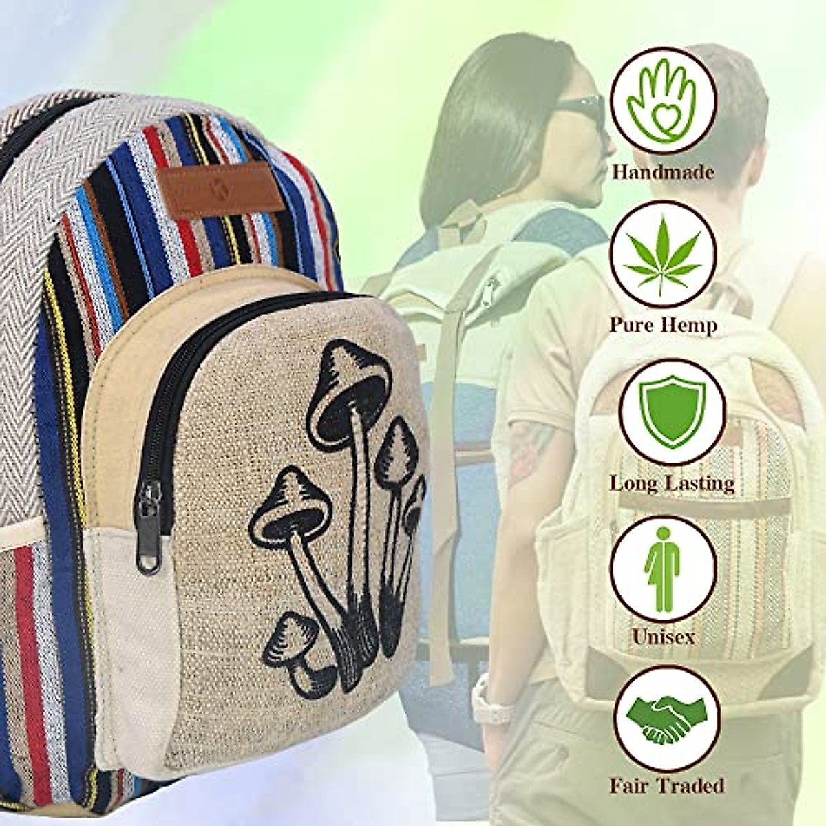 Himalayan hemp back pack. Laptop, Tablet carrying college, travel back pack. Hand made strong multi pocket back pack 1096 (Himalayan Pack 4)