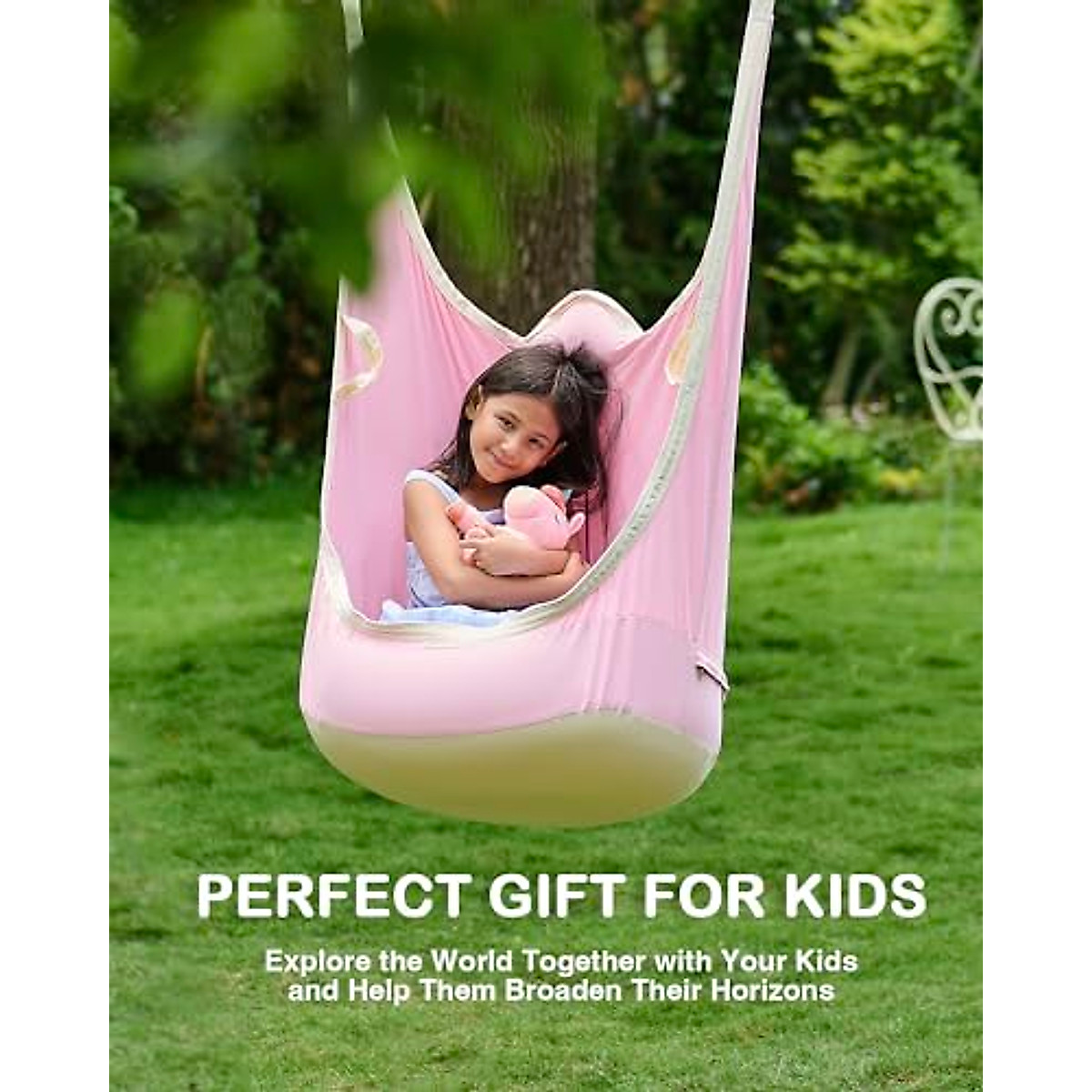 CO-Z Upgraded Kids Pod Swing, Hanging Pod Swing Chair with Inflatable Cushion, Child Hanging Hammock Swing for Indoor and Outdoor, Sensory Pod Swing for Kids (Two Straps, Pink)