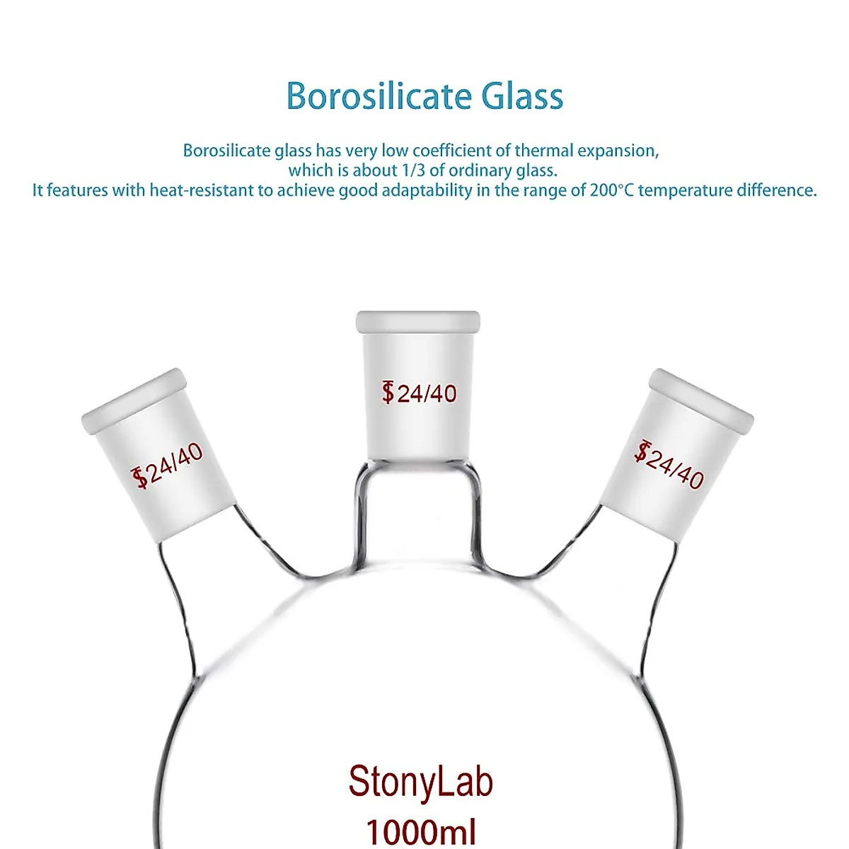 StonyLab Glass 3 Neck Round Bottom Flask RBF, with 24/40 Center and Side Standard Taper Outer Joint (1L)