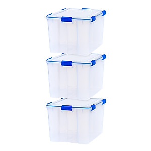 IRIS USA 74 Qt Storage Box with Gasket Seal Lid, 3 Pack - BPA-Free, Made in USA - Heavy Duty Moving Containers with Tight Latch, Weather Proof Tote Bin, WEATHERPRO - Clear/Blue