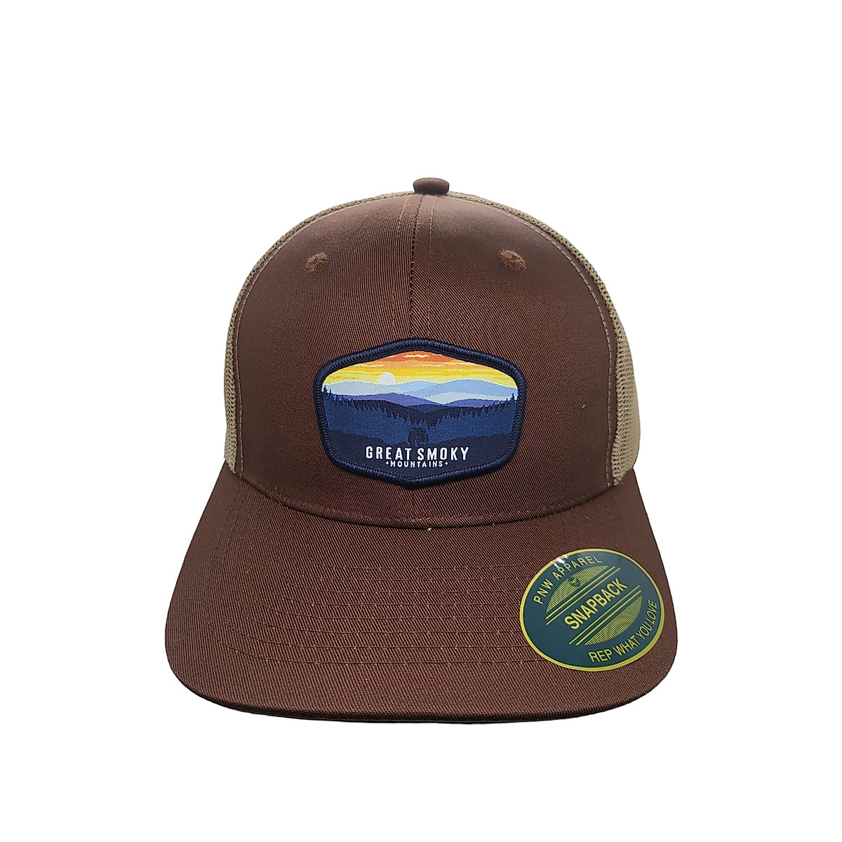 Great Smoky Mountains Trucker Hat with National Park Woven Patch (Brown/Tan)
