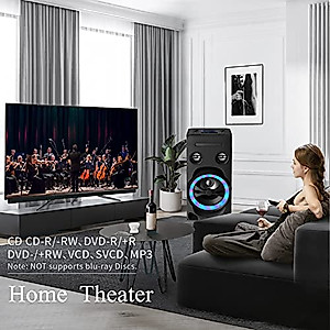 Home Stereo System CD/DVD Player, Bluetooth Party Speaker with Karaoke MIC Ports x 2, Floorstanding Soundsystem with LED Lightshow, Bass/Echo Adjustable