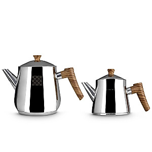 Serenk Stainless Steel Turkish Teapot Set, Stovetop Tea Maker with Induction Base, Non Slip Bakelite Handles, Dishwasher Safe, 2 Lids, 3 qt, 101 oz Black (Black)
