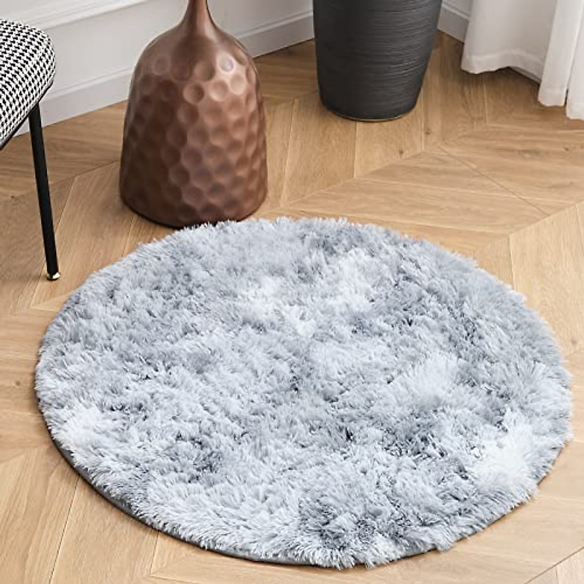 OMERAI Round Rug 5ft Shaggy Soft Round Area Rug for Bedroom, Grey Cricle Rug and Fluffy Carpets for Living Room, Non-Slip Home Decor,5'X5' Grey Round Fur Rug