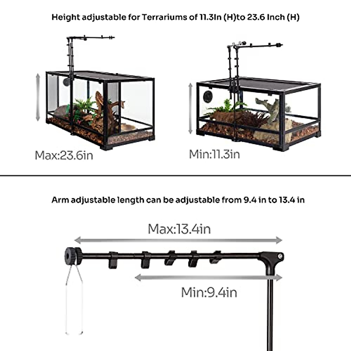 WACOOL Adjustable Terrarium Stand Pack of 2, 2 in 1 Reptile Light Stand for Dual Reptile Fixtures, Reptile Lamp Stand Height Adjustable 11.8IN to 23.6IN, Max. 4 Bulbs Supported