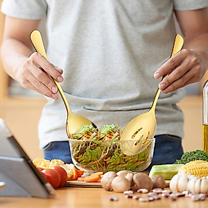 LIANYU 8 Pack Gold Serving Spoons, Gold Slotted Serving Spoons, 8 3/4 Inch Stainless Steel Serving Utensils Spoon Set for Banquet Catering Buffet Dinner Restaurant Party