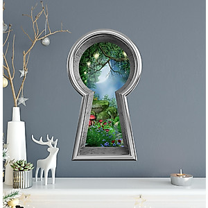 Silver Keyhole Window Wall Decal Enchanted Lantern Forest Wonderland Kids Room Decor Fantasy Mushroom Fairy Tale Removable Vinyl Wall Sticker 16 inch