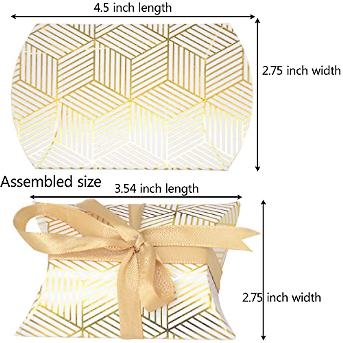 Aokbean Pack of 100 European Kraft Paper Pillow Gift Boxes Wedding Favor Party Supply Favor Gift Candy Box with 50 Yards Ribbon (Gold Stripes)