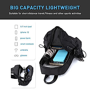 SEAFEW Small Black Tactical Sling Crossbody Backpack Shoulder Bag for Men Women, Lightweight One Strap Backpack Sling Bag Backpack for Hiking Walking Biking Travel Cycling USB Charger Port-Nylon