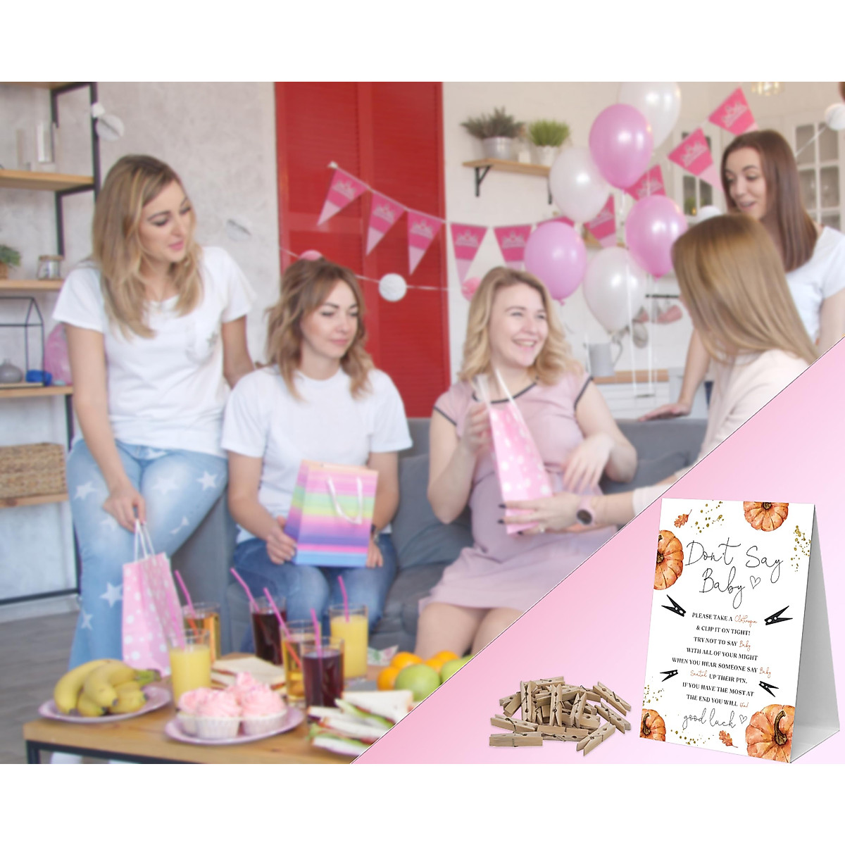 Don't Say Baby Clothespin Game, 1 Sign and 50 Mini Clothespins, Fall Minimalist Pumpkin Baby Shower Decorations, Baby Shower Games, Gender Reveal Games, Gender Neutral Baby Shower Supplies-A21