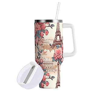 ALAZA Roses Flowers Eiffel Tower 40 oz Tumbler Water Bottle with Straw Lid and Handle,Reusable Insulated Stainless Steel Cup for Women Men Travel Car Cup Holder
