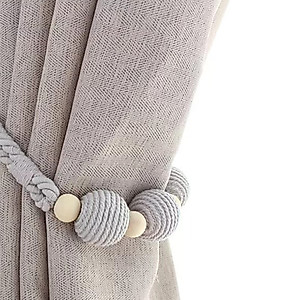 Boho Curtain Tiebacks Ropes, Magnetic Drapery Buckles for Decoration, Boho Curtain Tiebacks Curtain Holdbacks for Wall Curtain Tiebacks Window Drape Tie Back with Hooks for Bedroom Wall (Gray)