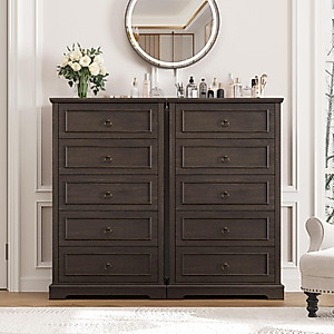 HOSTACK 5 Drawer Tall Dresser, Modern Farmhouse Chest of Drawers, Wood Dressers Organizer, Accent Storage Cabinet for Living Room, Hallway, Home Office, Dark Brown