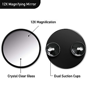 REVELÉ 12X Magnifying Makeup Mirror, Portable Round Hand Mirror with 2 Suction Cups for Wall Mounting, Use for Makeup Application, Tweezing, and Blackhead/Blemish Removal
