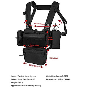 YAKEDA Tactical Chest Mini Rig Vest with Magazine Pouch Adjustable Detachable Laser-cutting Molle Modular Chest Vest (Black)