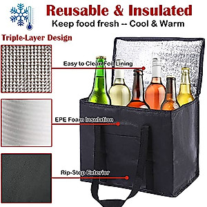 WOILIFE 4 Pack Insulated Grocery Bag, Reusable Shopping Bags for Groceries Heavy Duty, X-Large Insulated Cooler Bag for Food Delivery Collapsible with Strong Handle& Zipper
