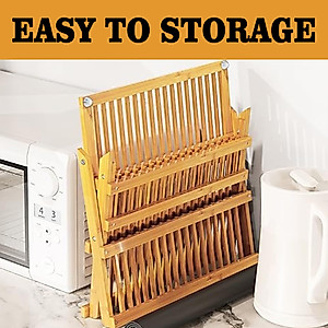 Olioeiao Bamboo Dish Drying Rack for Kitchen - Collapsible 3-Tier Wooden Folding Drainer with Utensil Holder and Dish Strainer Board for Countertop, Sink, and Racks Dryer (Natural)