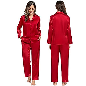 SWOMOG Couples Matching Pajamas Sets Silk Satin Long Sleeve Sleepwear Button Down Loungewear Pjs Set with Long Pants Red