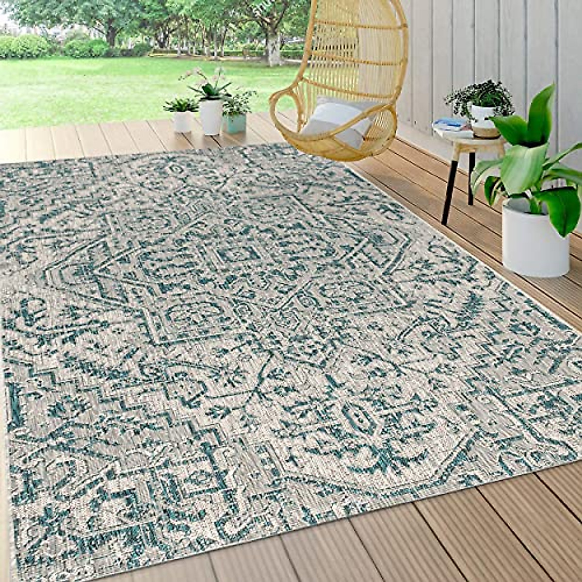 JONATHAN Y SMB105C-4 Estrella Bohemian Medallion Textured Weave Indoor/Outdoor Teal/Gray 4 ft. x 6 ft. Area-Rug, Coastal,Easy-Cleaning,HighTraffic,LivingRoom,Backyard, Non Shedding