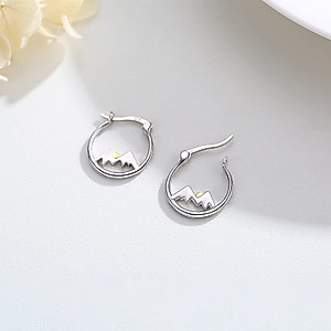 Mountain Earrings 925 Sterling Silver Women's Sun Mountain Hoop Earrings Hypoallergenic Mountain Jewelry Gift for Skiers Hiking Mountain Nature Lovers
