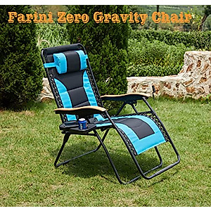 Farini Zero Gravity Chair Lounge Chair Outdoor, XXL Reclining Patio Chair with Polyester Fabric Back Adjustable Pillow and Detachable Cup Holder, Oversized Support 350 lbs, Light Blue and Black