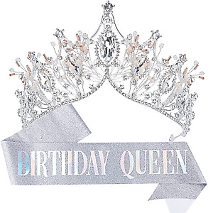 Birthday Crowns for Women, Birthday Sash and Tiaras for Women, Happy Birthday Queen Crown and Tiara, Crowns for Women Silver, Birthday Accessories for Women, Birthday Decorations for Women