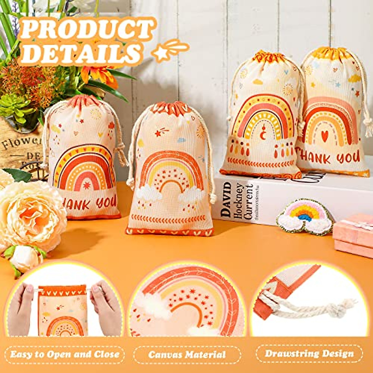 Coume 24 Pcs Boho Rainbow Party Favor Bags 4 x 6 Inches Canvas Drawstring Treat Gift Pouches Mini Candy Goodie Bags Rainbow Party Decorations for Rainbow Themed Birthday Baby Shower Party Supplies