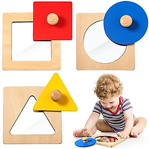Civaner Montessori Mirror Puzzle Baby Peekaboo Knob Puzzles Colorful Baby Mirror Toy Wooden Geometric Shape Puzzle Sensorial Toys Birthday Gifts for Toddler Preschool