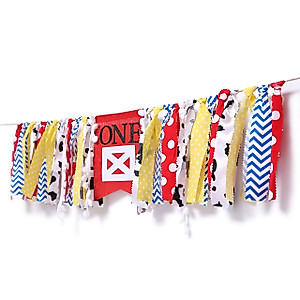 WAOUH Farm High Chair Banner for 1st Birthday - First Baby Birthday Party Theme Decoration, Fabric Garland Cake Smash Photo Prop,Birthday Souvenir and Gifts (Red Birthday Banner)